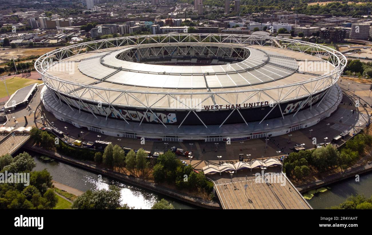 Aerial view of the London Stadium, home of West Ham United FC Stock ...