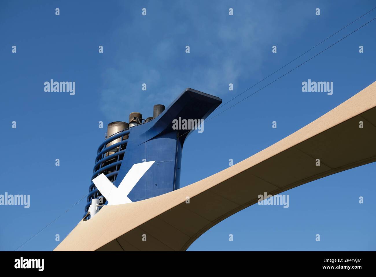 Seattle, Washington, USA - May 19, 2023: Smokestack from cruise ship ...