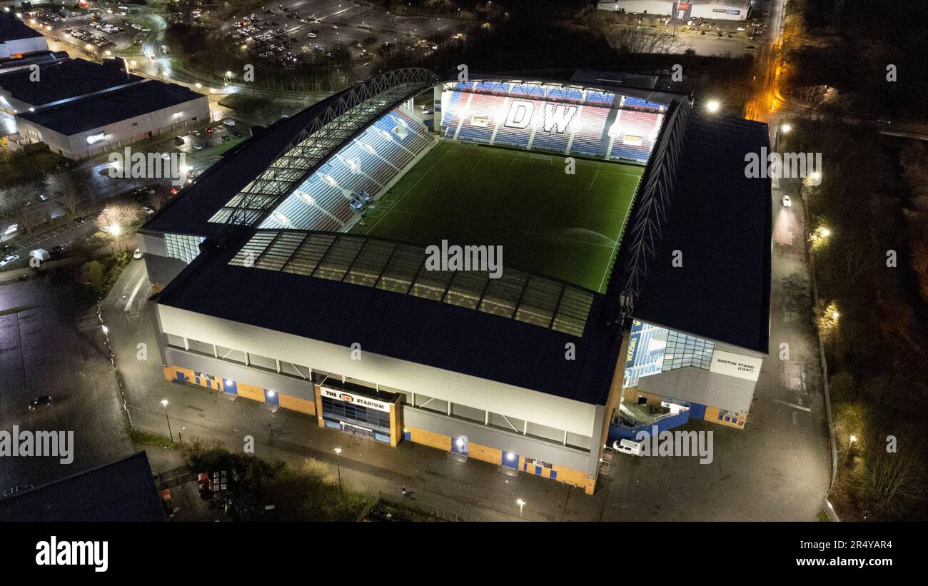 Aerial view at night of the DW Stadium, home of Wigan Athletic FC ...
