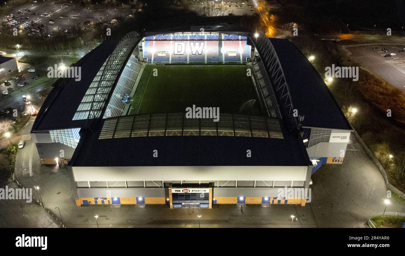 Aerial view at night of the DW Stadium, home of Wigan Athletic FC ...