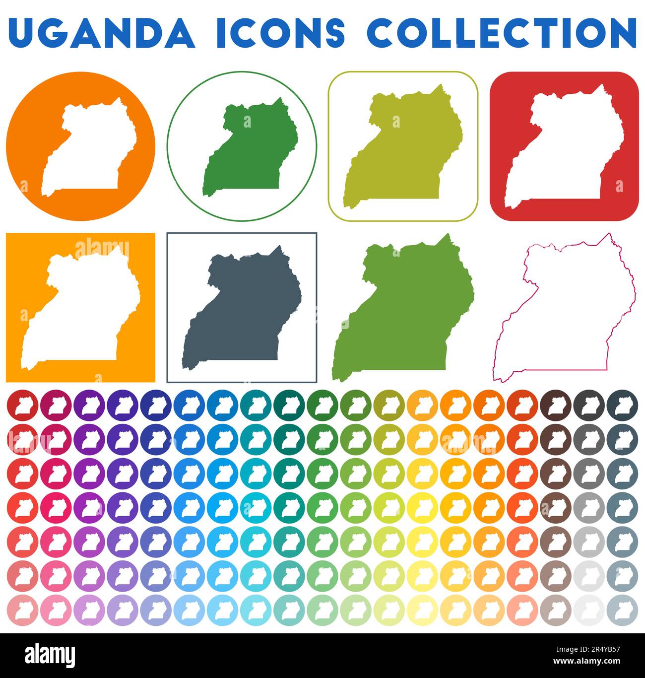 Uganda icons collection. Bright colorful trendy map icons. Modern Uganda badge with country map ...