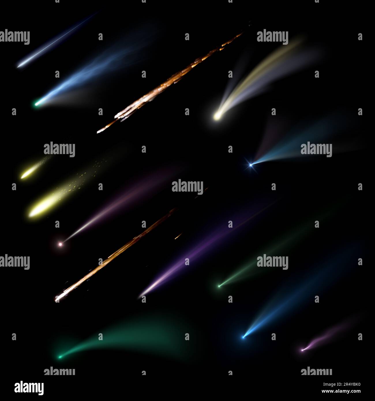 Set of meteorites, asteroids, comets, meteors, isolated on a black ...