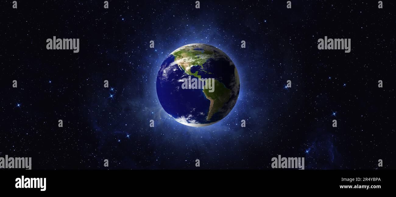 Panoramic view of the Earth, nebula, stars and galaxy. Planet Earth ...