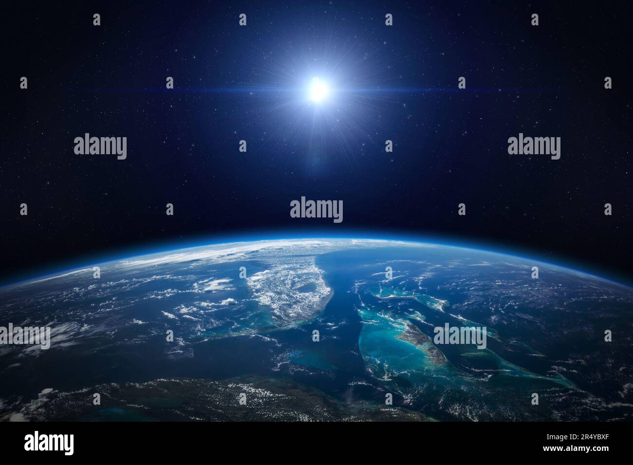 View of the Earth, galaxy and star. Sunrise over blue planet Earth ...