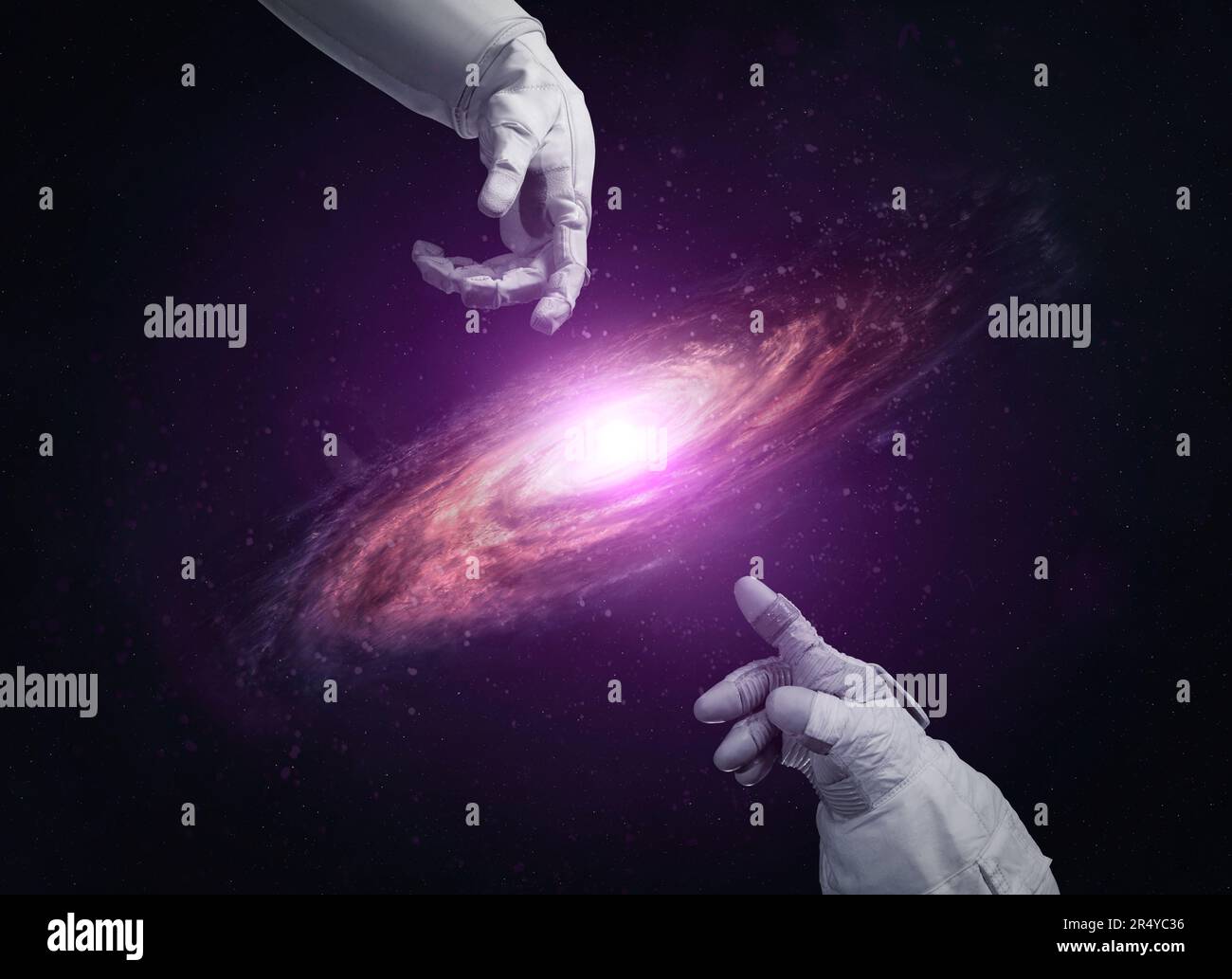 Spiral galaxy, light and hand of astronaut and robot. Space energy ...