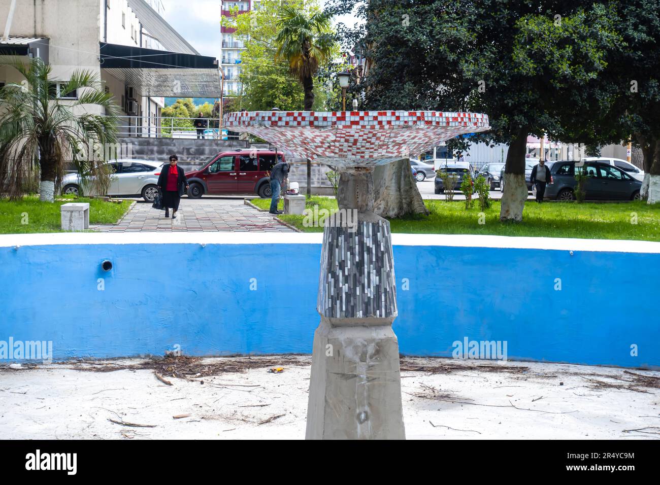 Soviet mosaic in Batumi. Fountain in the yard of republic Hospital ...