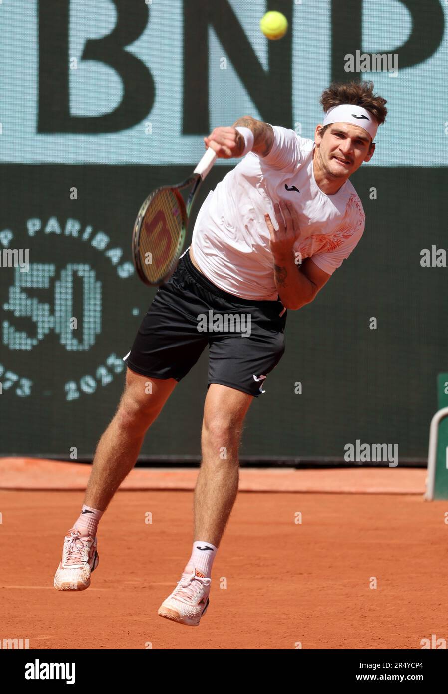 Paris, France. 30th May, 2023. Thiago Seyboth Wild of Brazil returns the ball to world number 2 ...