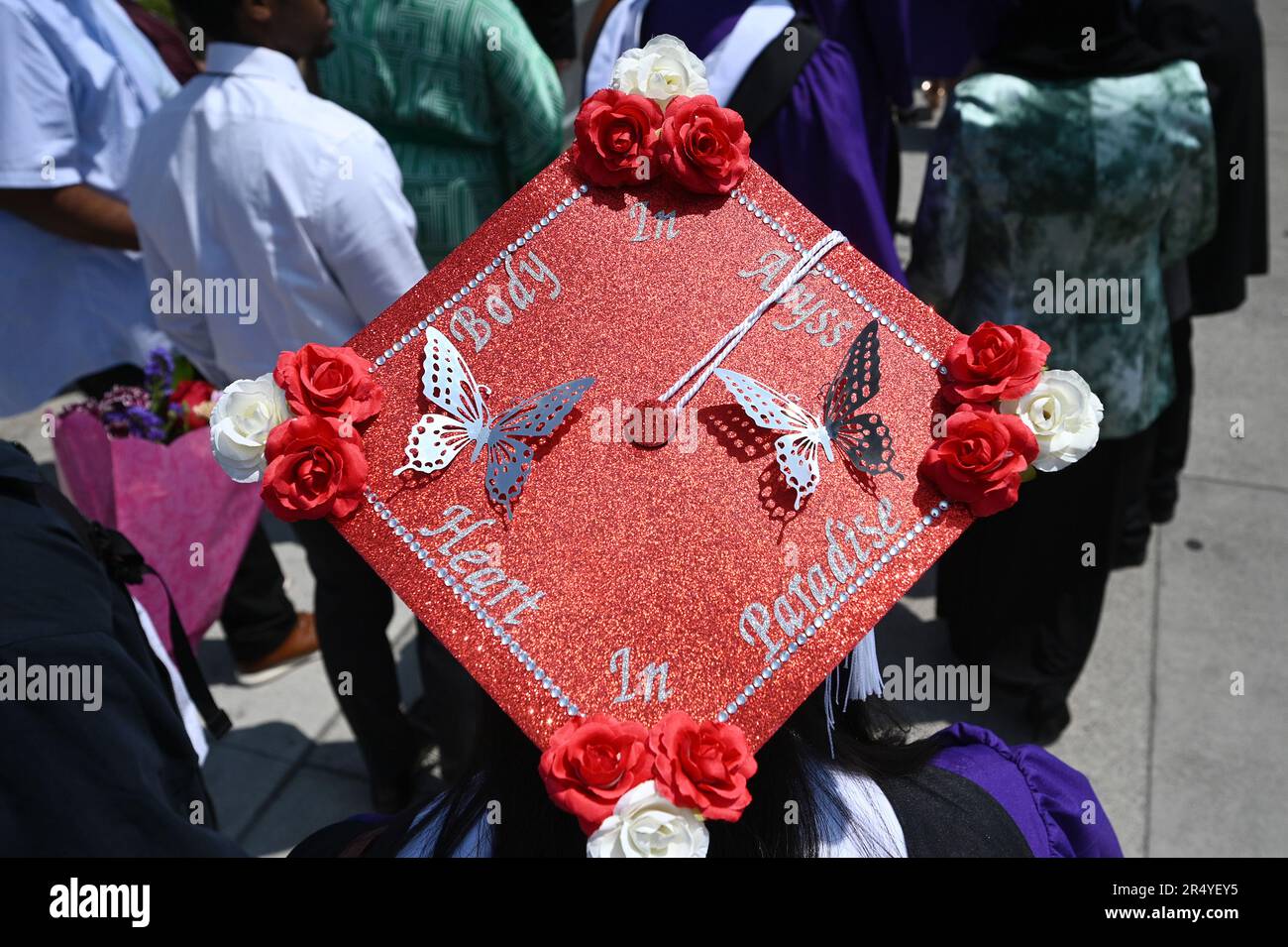 New York, USA. 30th May, 2023. A graduating student wears a decorated ...