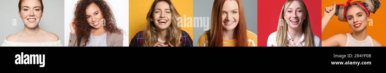 Collage with portraits of happy women on different color backgrounds ...