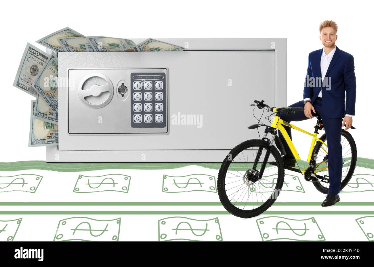 Multiplying wealth, increasing savings. Happy businessman with bicycle ...