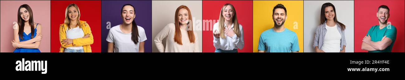 Collage with portraits of happy people on different color backgrounds ...
