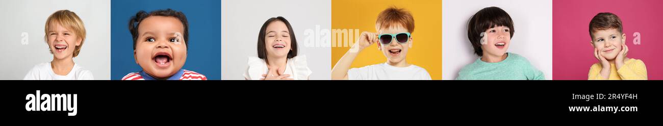 Collage with portraits of happy children on different color backgrounds ...