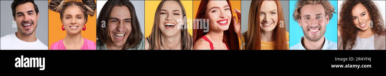 Collage with portraits of happy people on different color backgrounds ...