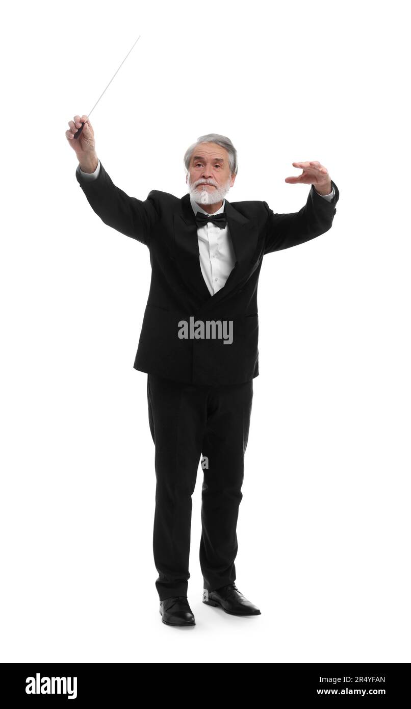 Professional conductor with baton on white background Stock Photo - Alamy