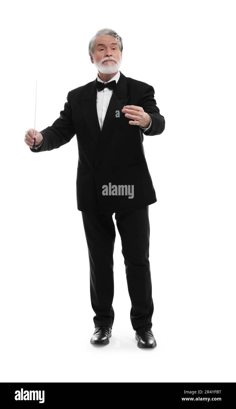 Professional conductor with baton on white background Stock Photo - Alamy