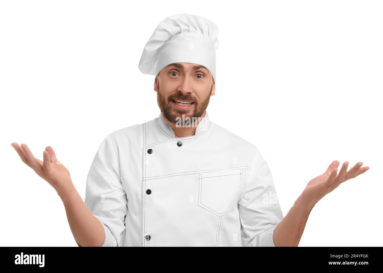 Puzzled mature male chef on white background Stock Photo - Alamy