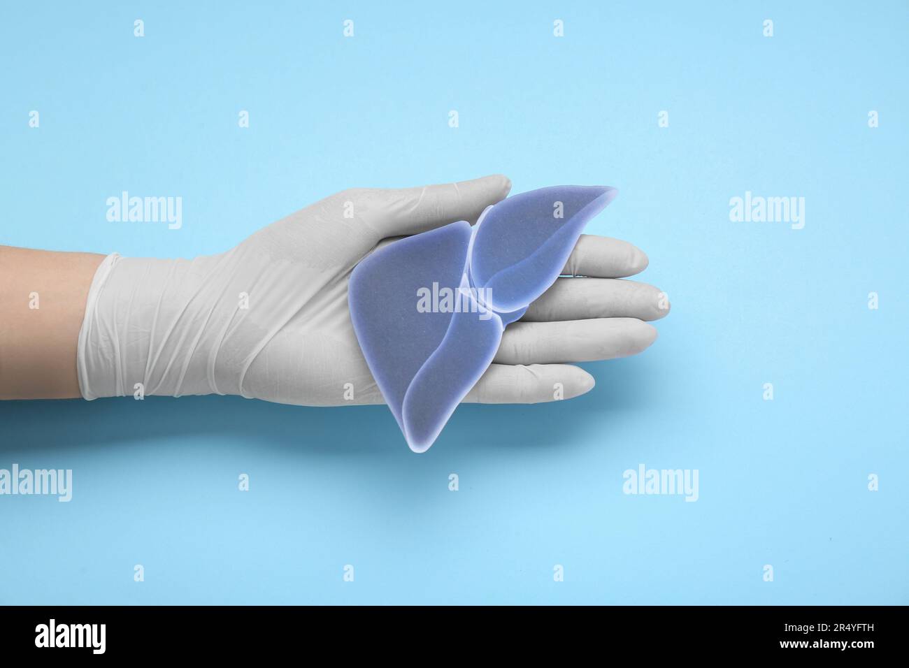 Doctor in glove holding paper liver on light blue background, closeup ...
