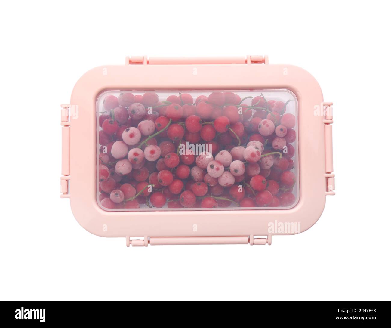 Tasty frozen red currants in container isolated on white, top view ...