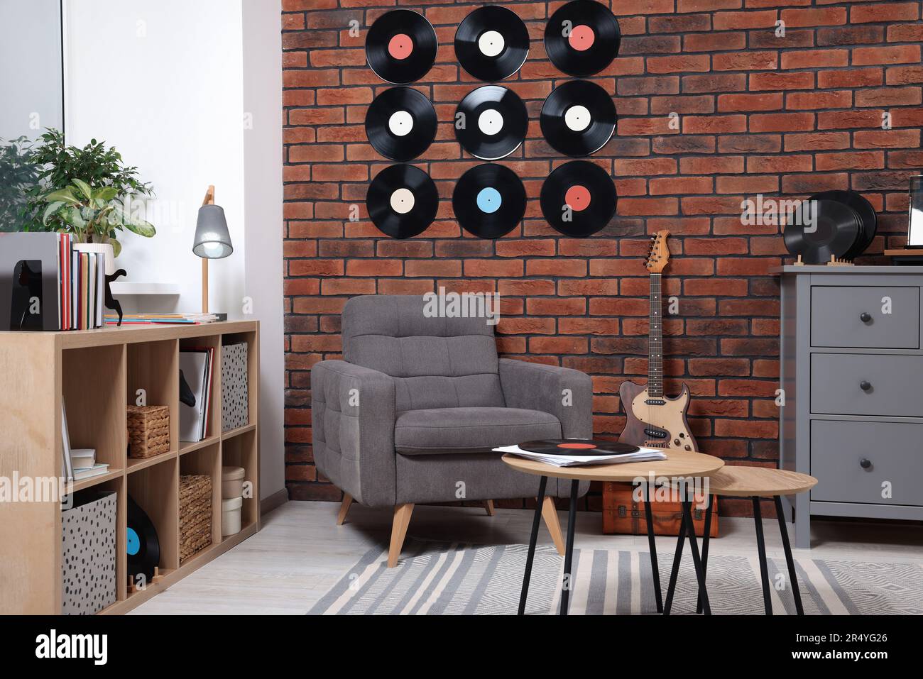 Living room decorated with vinyl records. Interior design Stock Photo ...
