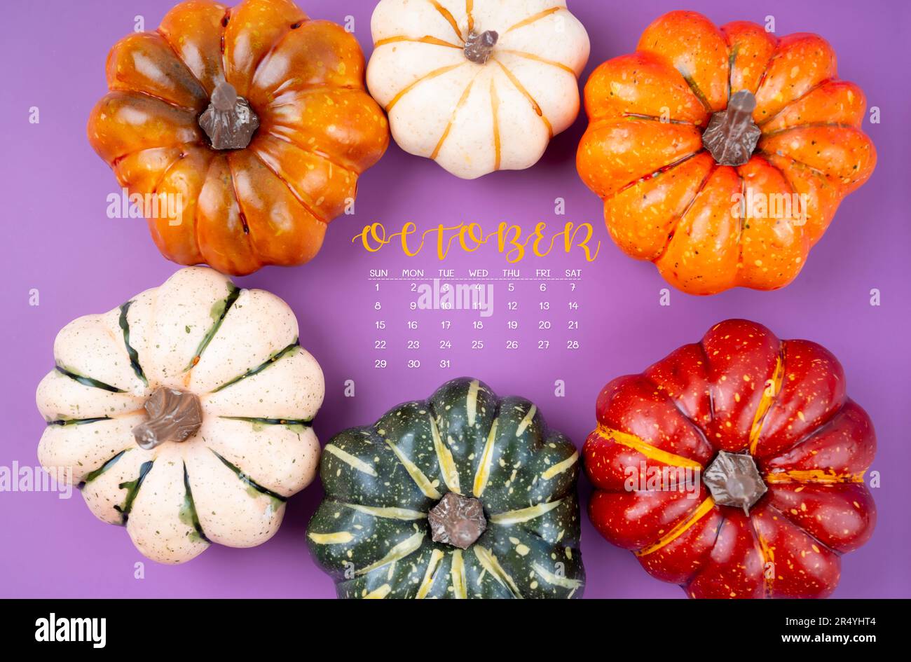 October 2023 Calendar and pumpkins on purple cardboard background Stock ...