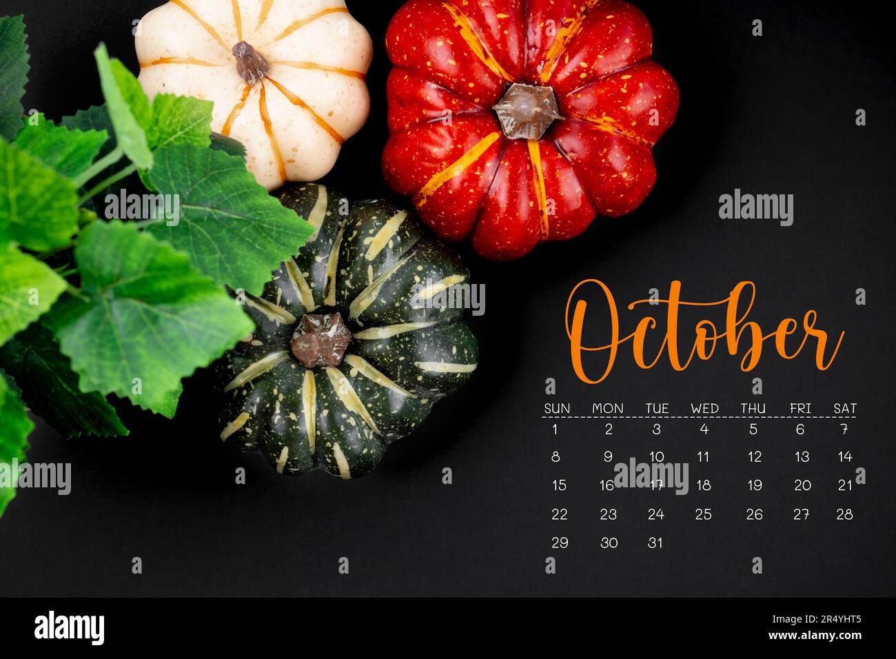 October 2023 Calendar and pumpkins on black cardboard background Stock ...