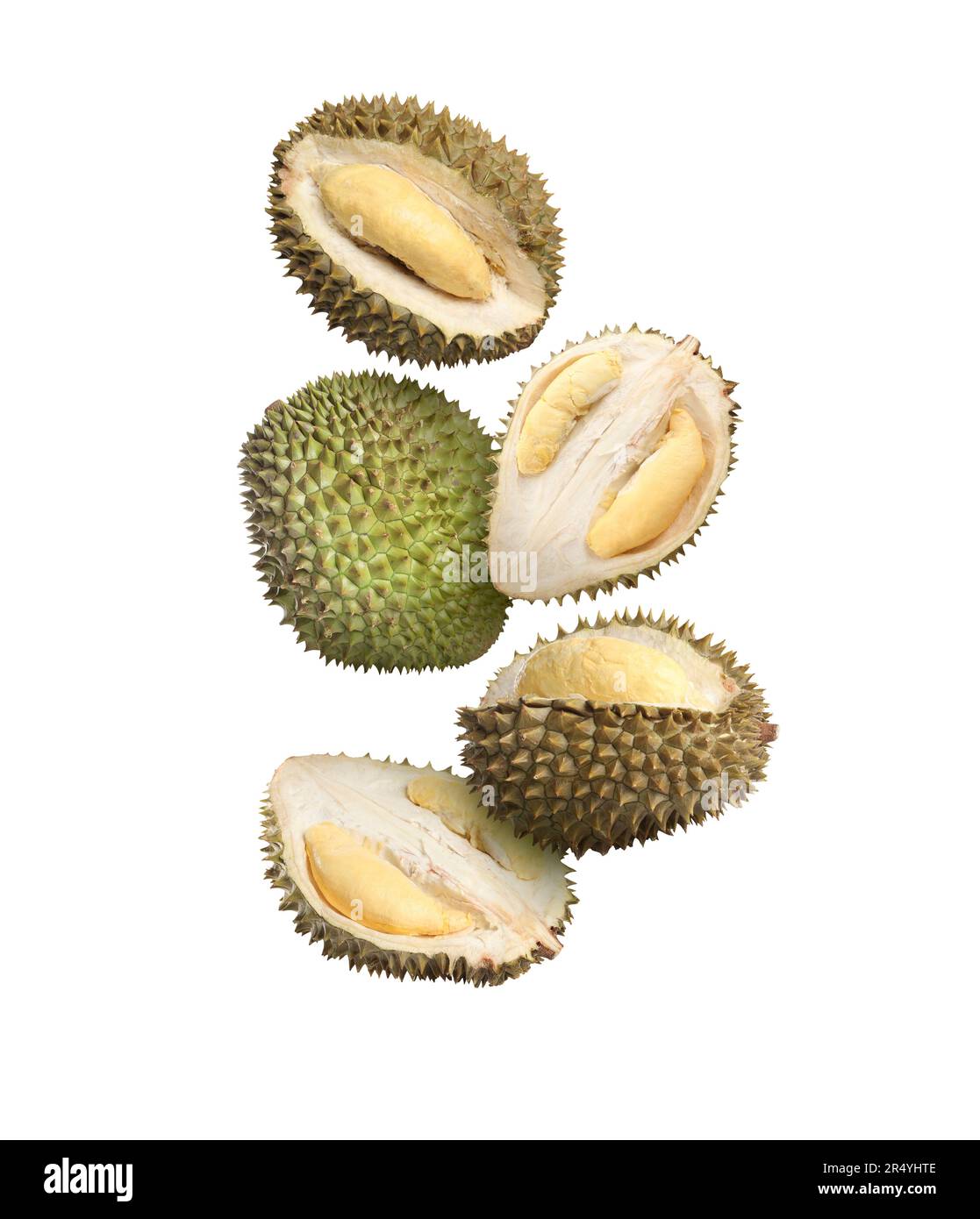 Many ripe durian fruits falling on white background Stock Photo - Alamy
