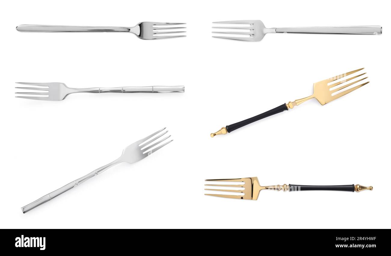 Collage of shiny forks on white background Stock Photo - Alamy