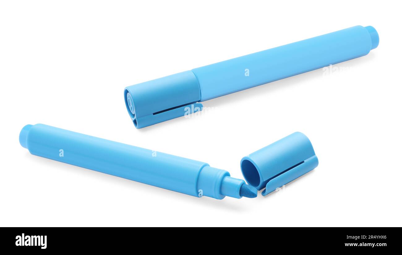 Bright light blue markers on white background. School stationery Stock ...