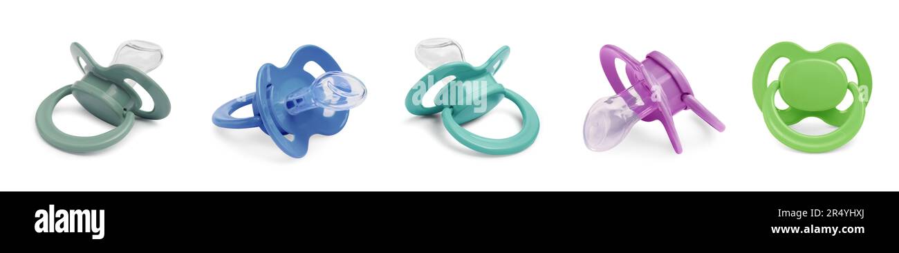 Set of baby pacifiers in different colors on white background Stock ...