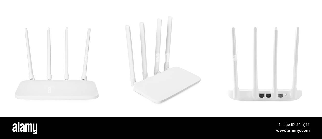 Modern Wi-Fi router on white background, view from different sides ...
