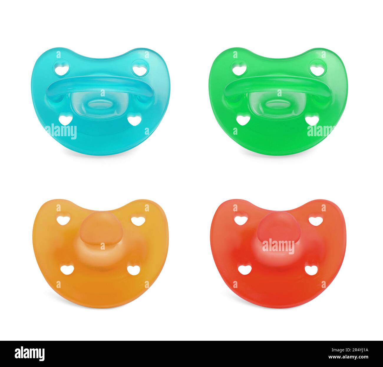 Collage of baby pacifiers in different colors on white background Stock ...