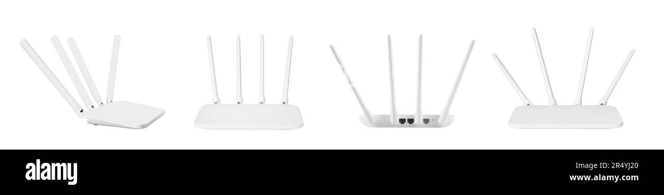 Modern Wi-Fi router on white background, view from different sides ...