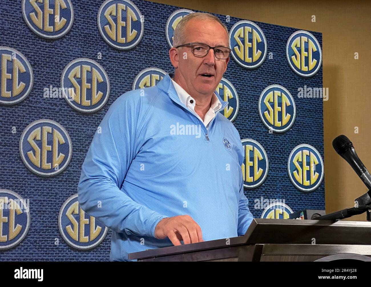 Southeastern Conference Commissioner Greg Sankey speaks to reporters during the conference's ...