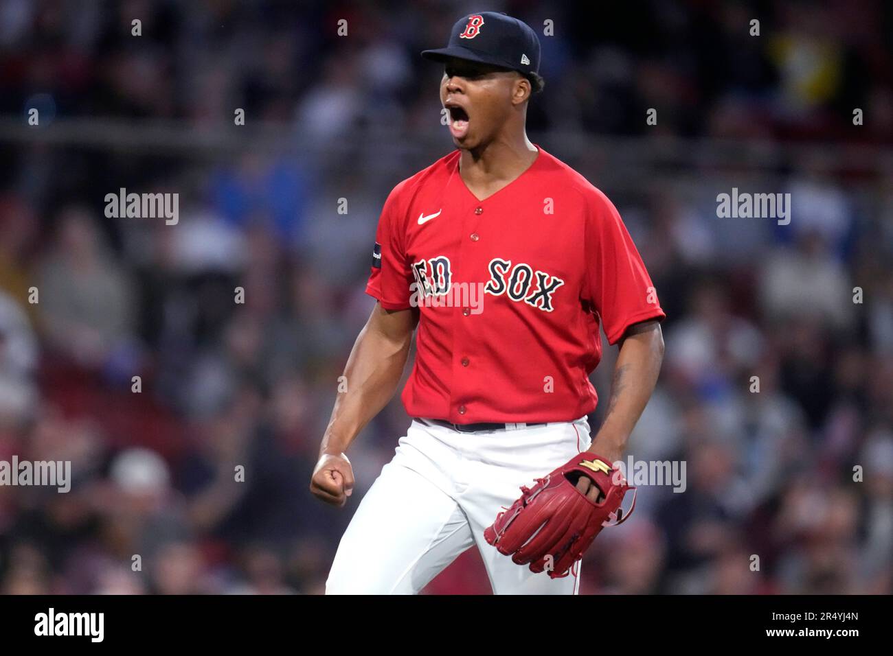 Boston Red Sox starting pitcher Brayan Bello yells after striking out ...