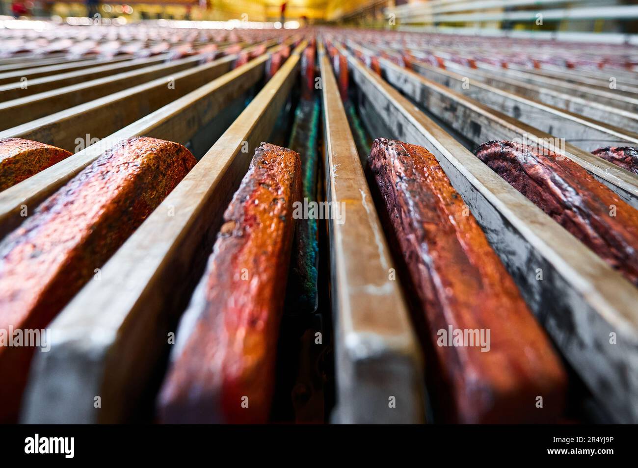 Electrolysis bathtub with installed copper anodes at plant Stock Photo ...