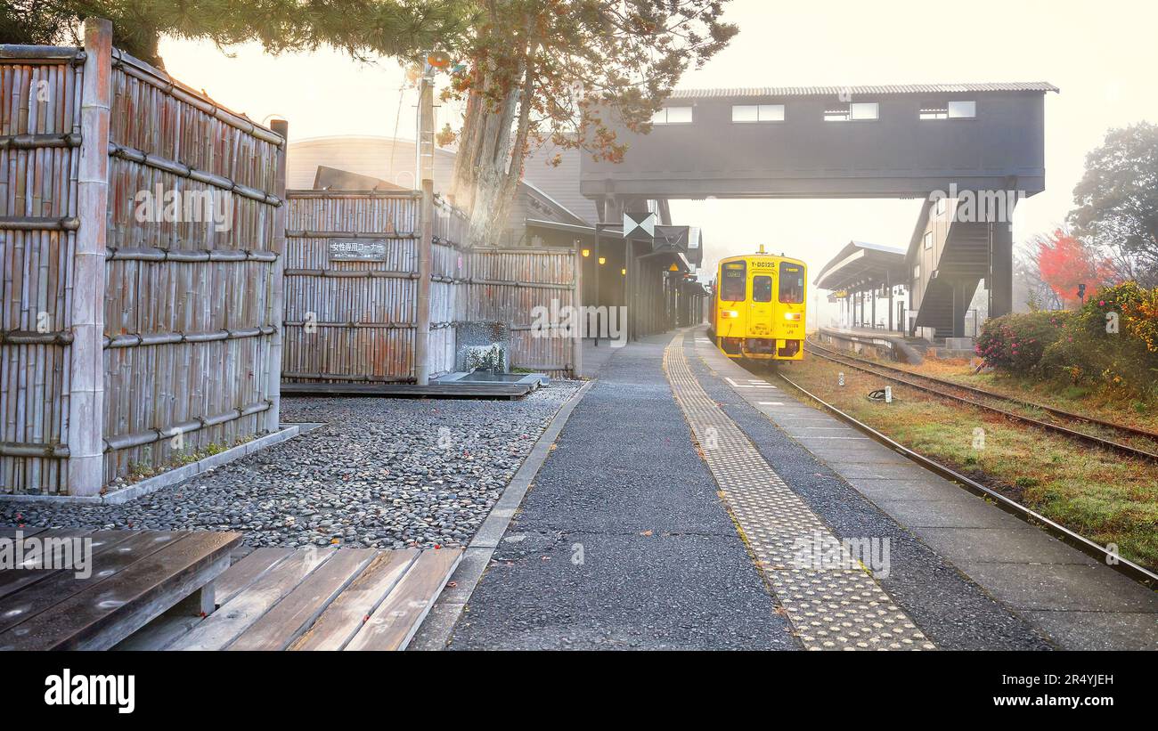 Yufuin, Japan - Nov 27 2022: The "Yellow One Man Diesel Car" (Kiha Y ...