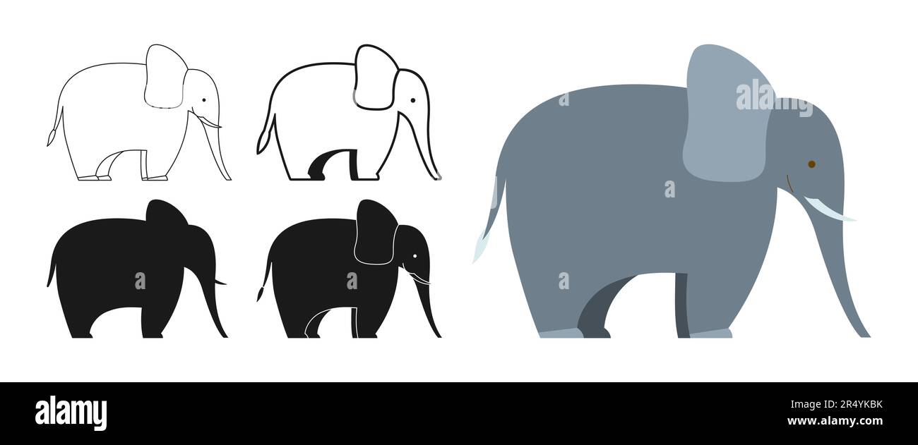 Elephant wild animal cartoon style set. African or Indian cute elephant ...