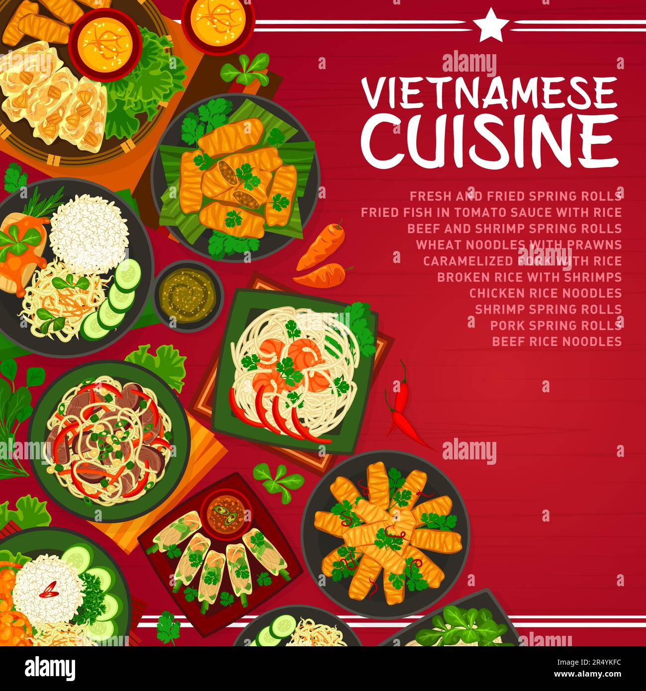 Vietnamese cuisine menu cover. Caramelized pork, shrimp, fried pork and ...