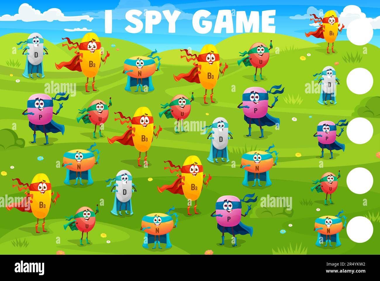 I spy game worksheet. Cartoon cheerful superhero vitamin characters ...