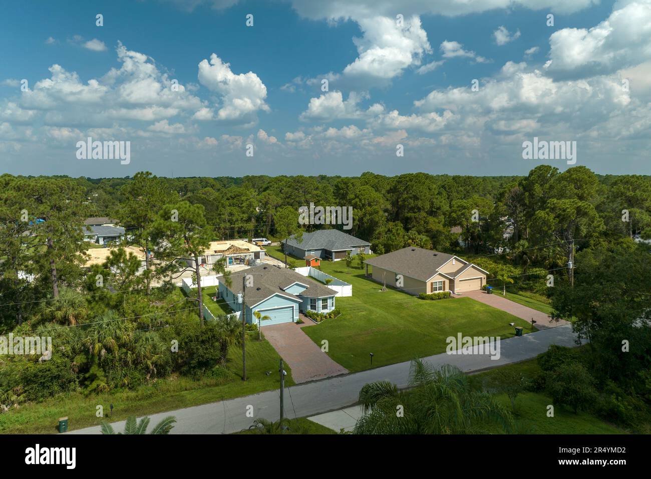 Aerial landscape view of suburban private houses between green palm ...