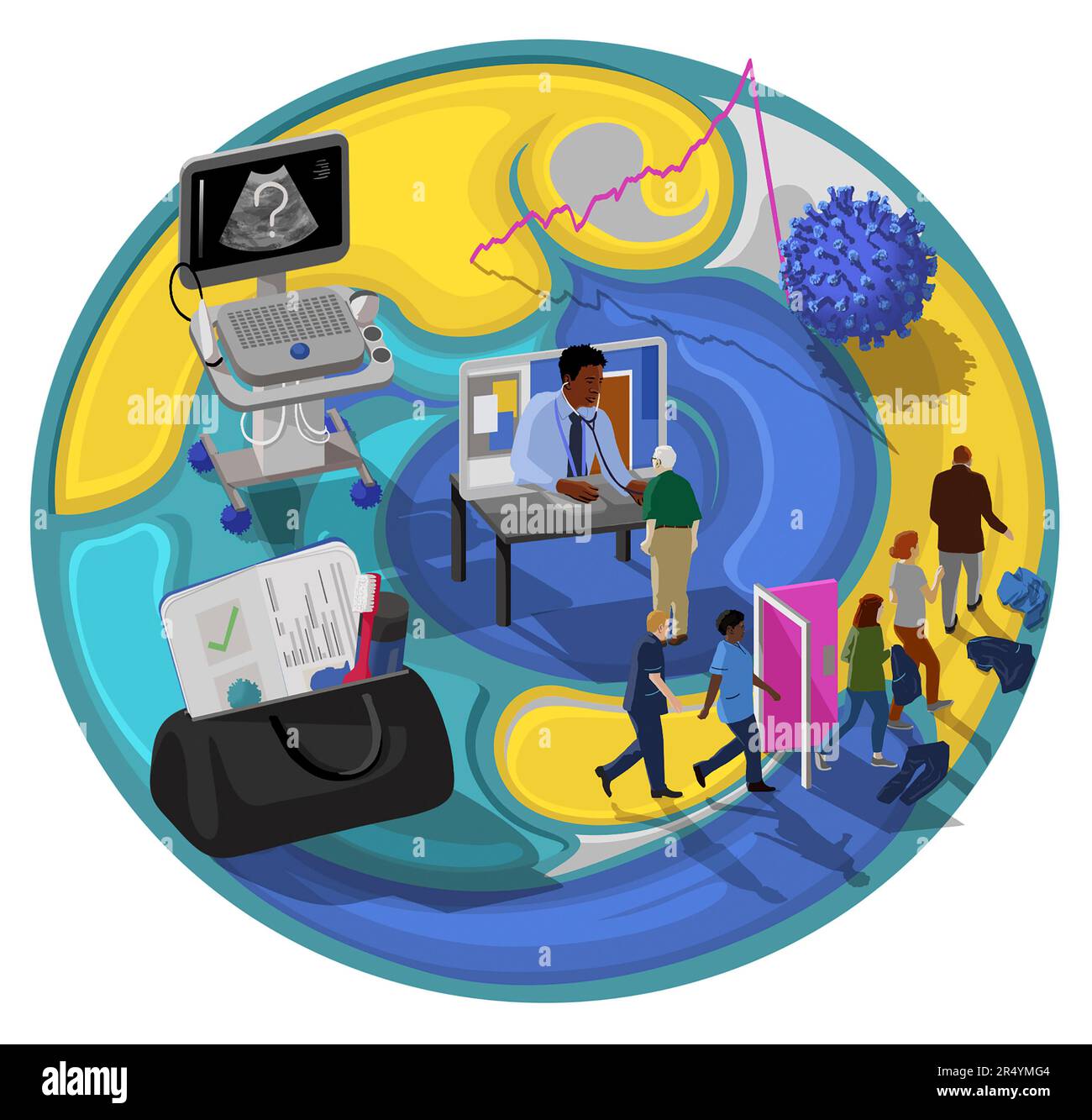 Conceptual illustration showing healthcare related imagery in a ...