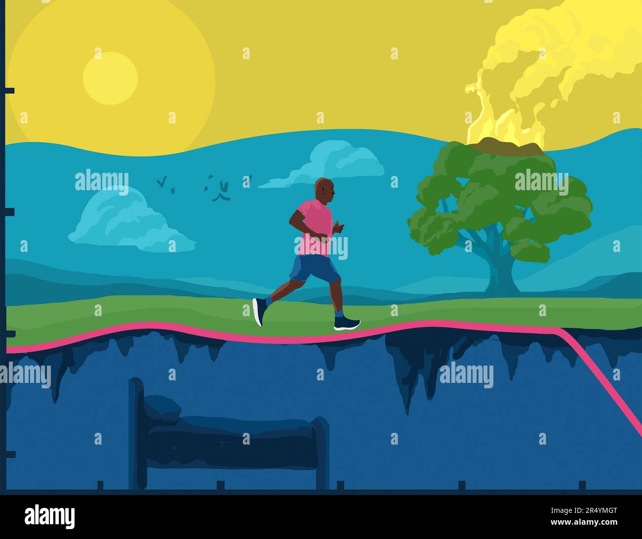 Conceptual illustration showing a man jogging along a graph line ...