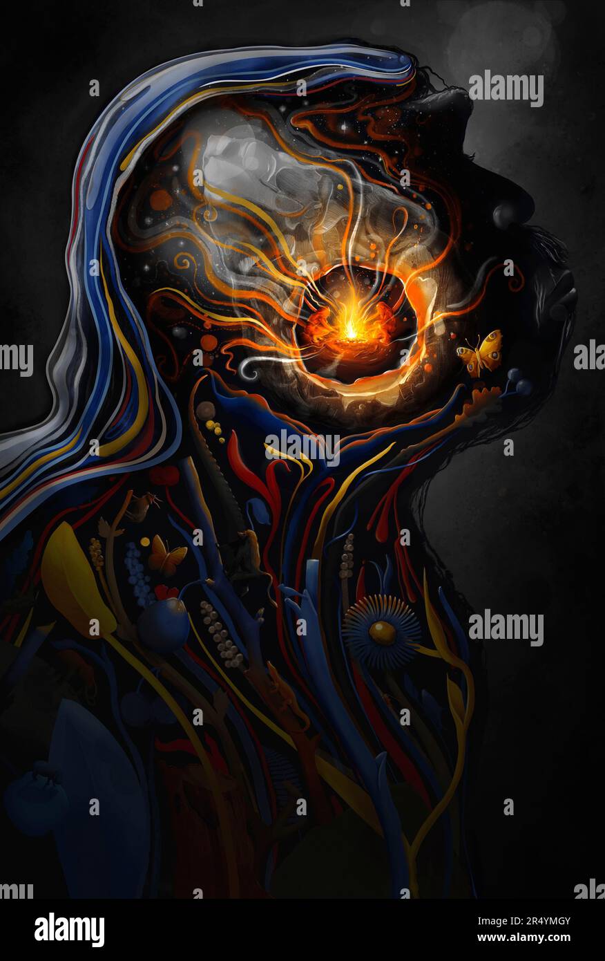 Conceptual illustration showing a homo erectus profile containing a ...
