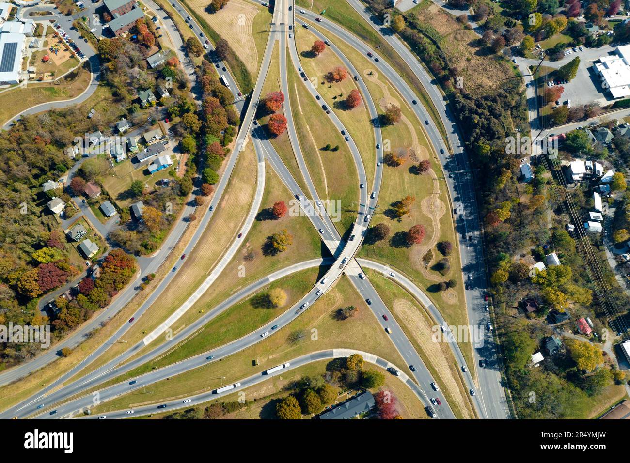 Aerial view of american freeway intersection in fall season in ...