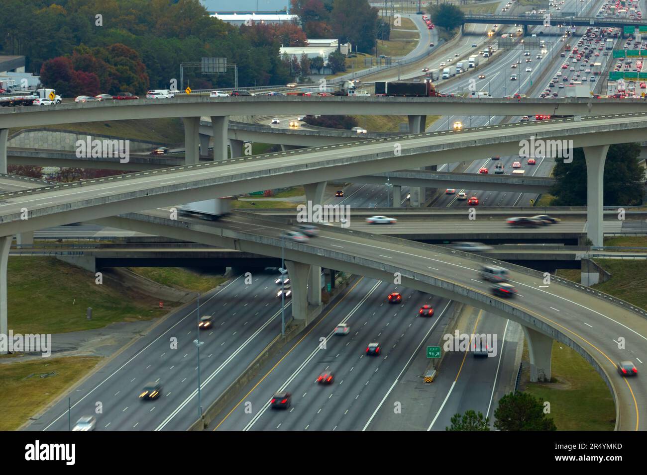 Aerial view of american freeway intersection with fast moving cars and ...