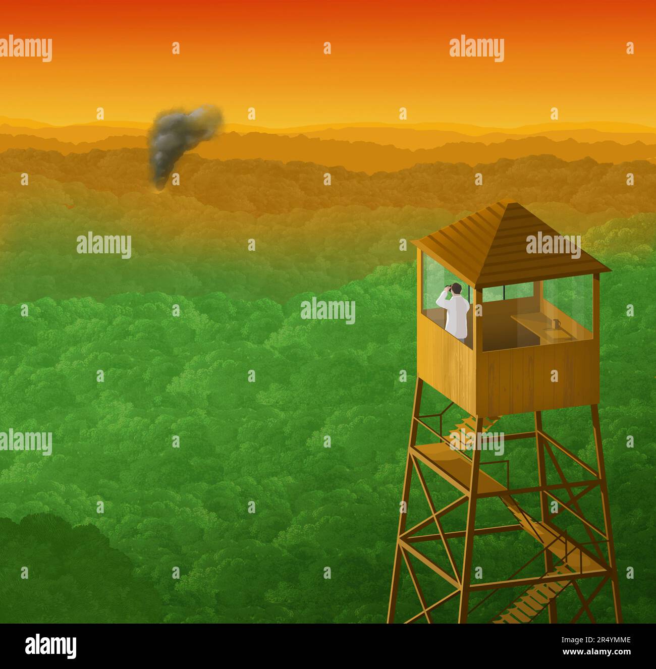 Conceptual illustration showing a scientist spotting smoke from a fire ...