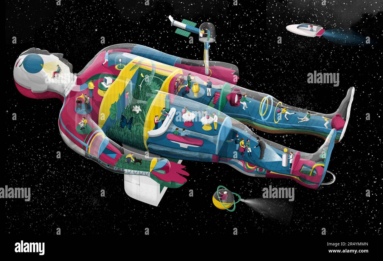 Conceptual illustration showing a space museum within a human form ...