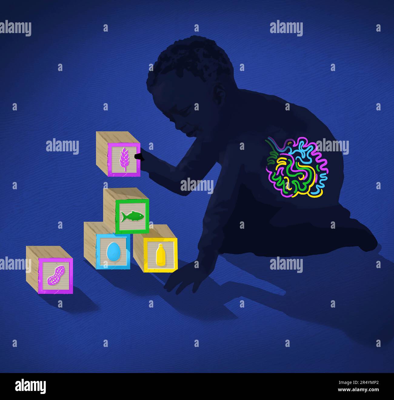 Conceptual illustration showing a boy playing with various coloured ...