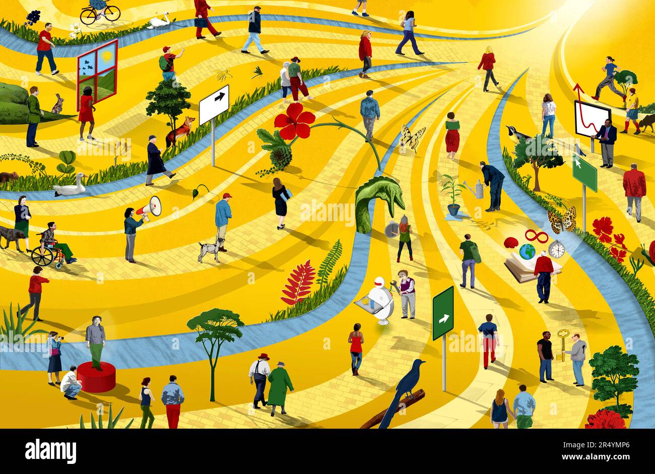 Conceptual illustration showing various people on different paths ...