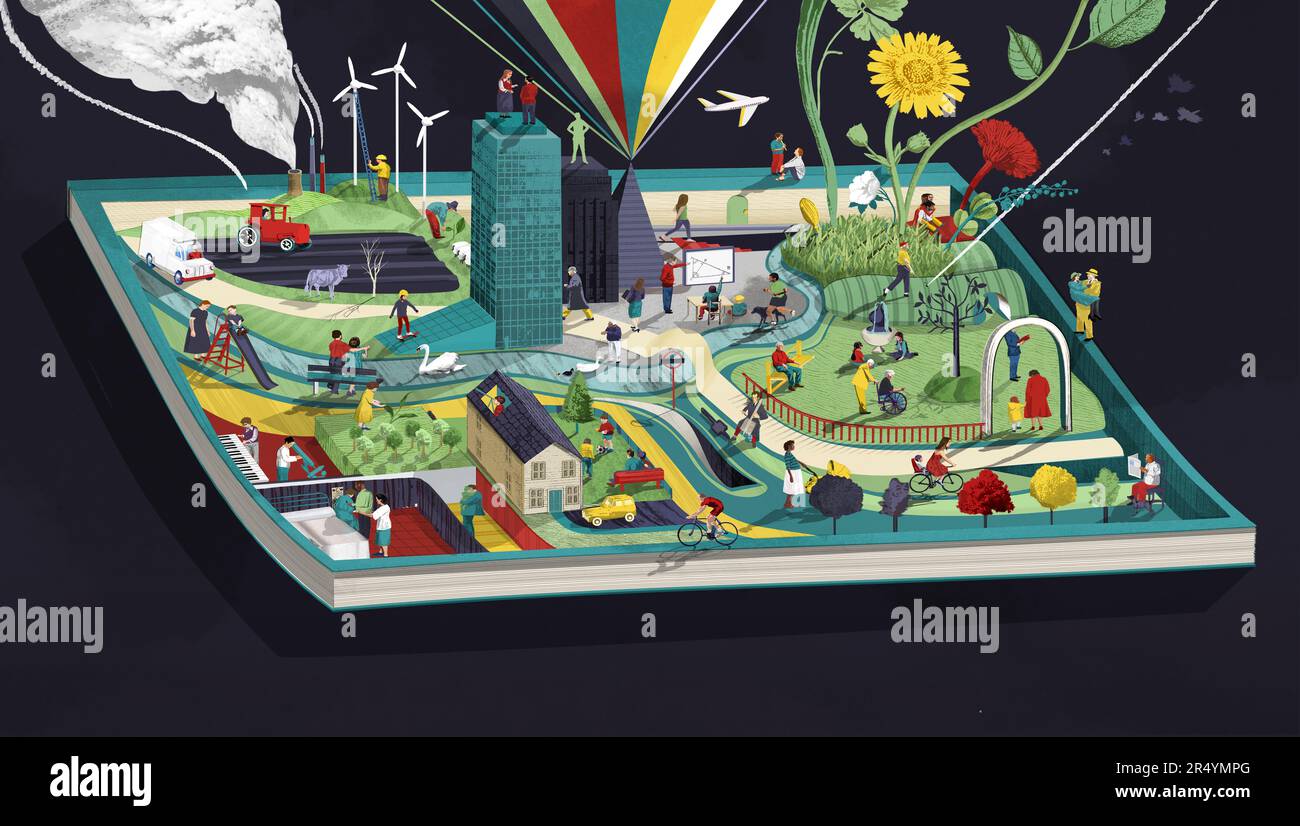 Conceptual illustration showing a vibrant scene of society taking place ...